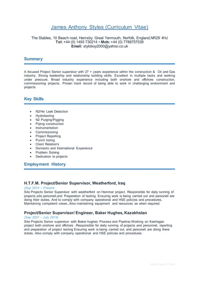 Jim styles CV May 2015 | DOCX | Civil Engineering Industry | Industries