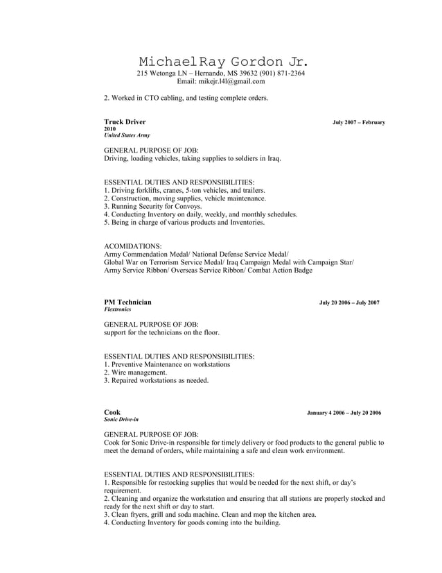 Mike Gordon jr Resume revised | DOC | Commercial Trucks | Auto Body Styles