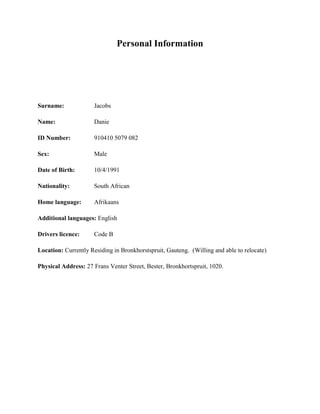 Curriculum vitae of Danie Jacobs | PDF