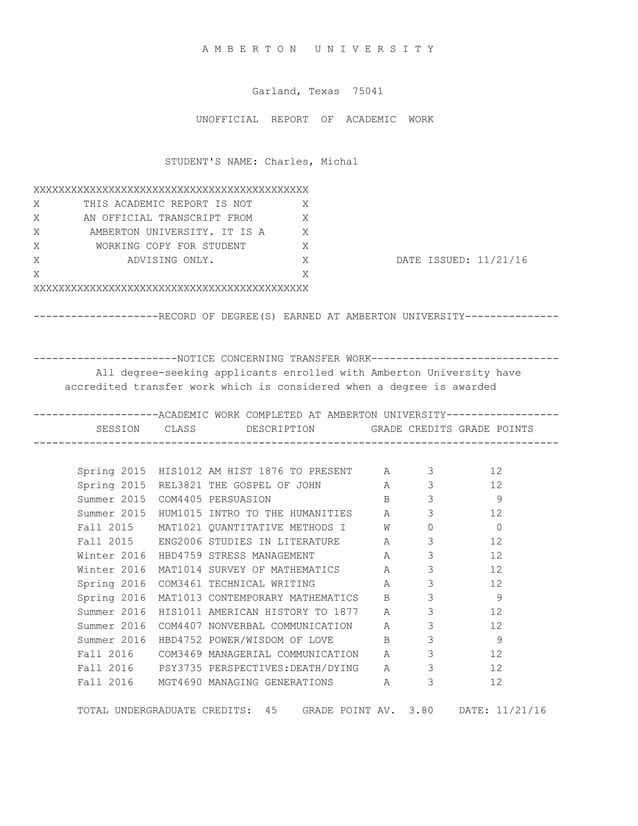 Unofficial transcript Amberton | PDF