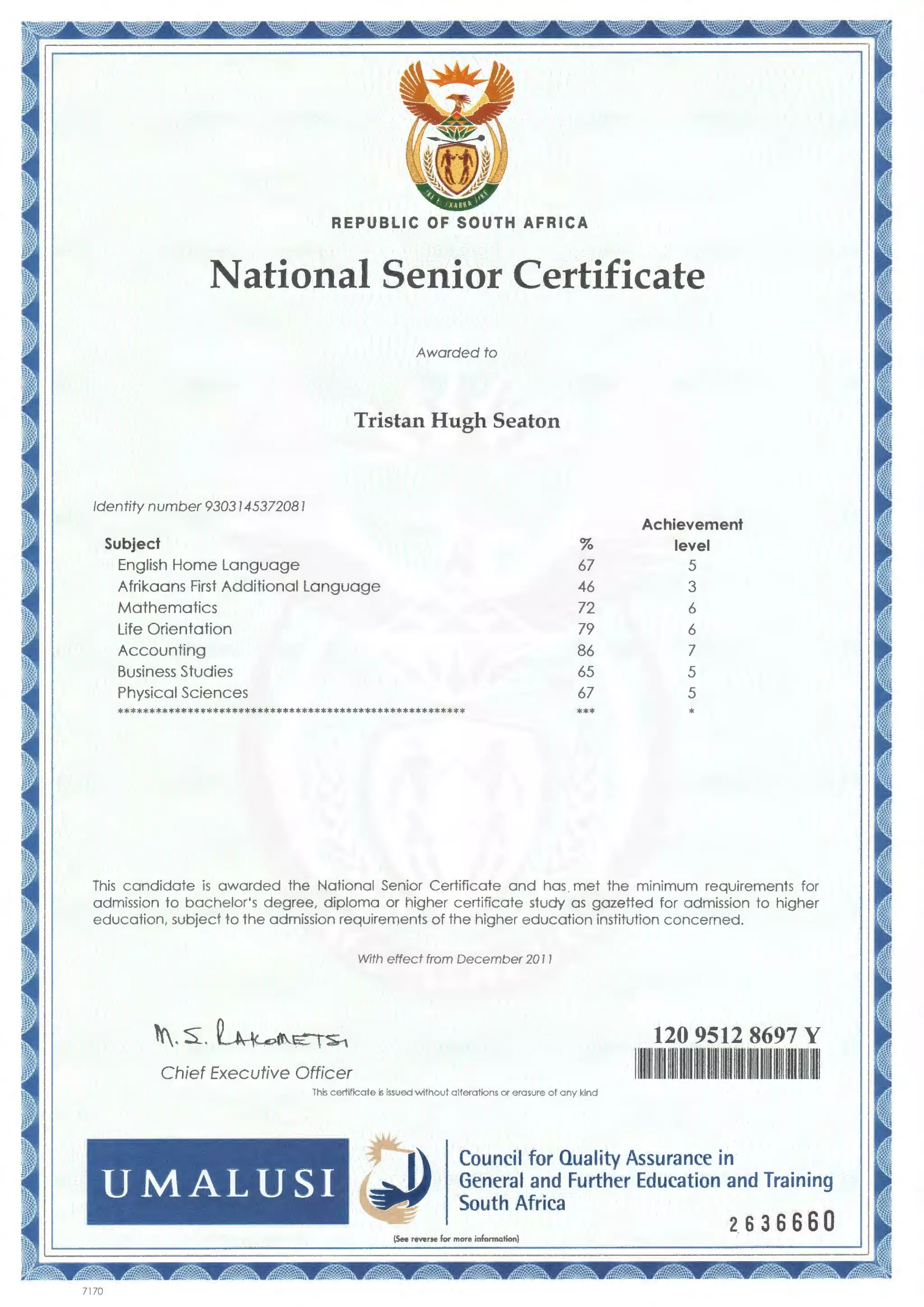 2011 12 31 Matric Certificate | PDF