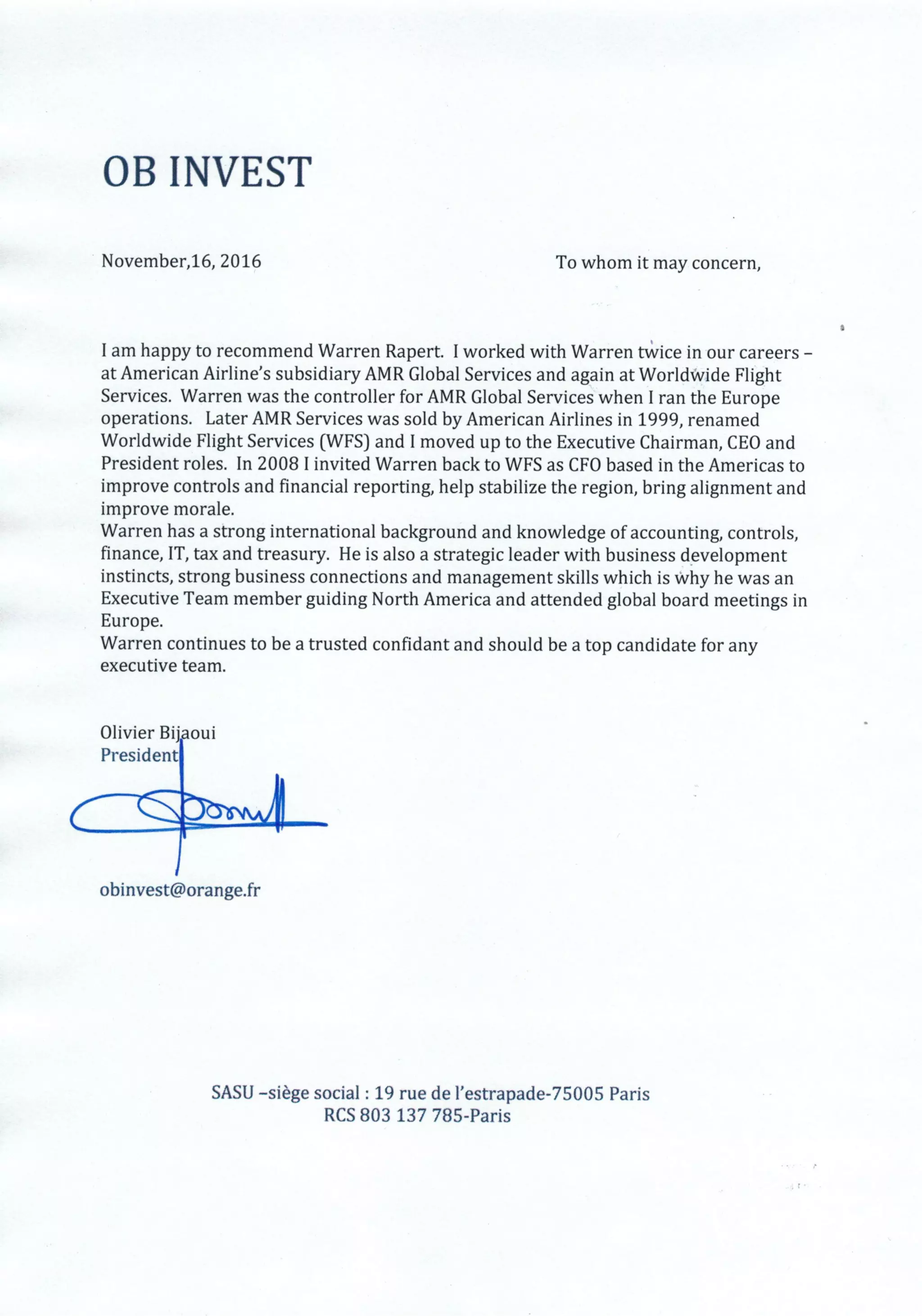 CEO Olivier Bijaoui Reference Letter | PDF