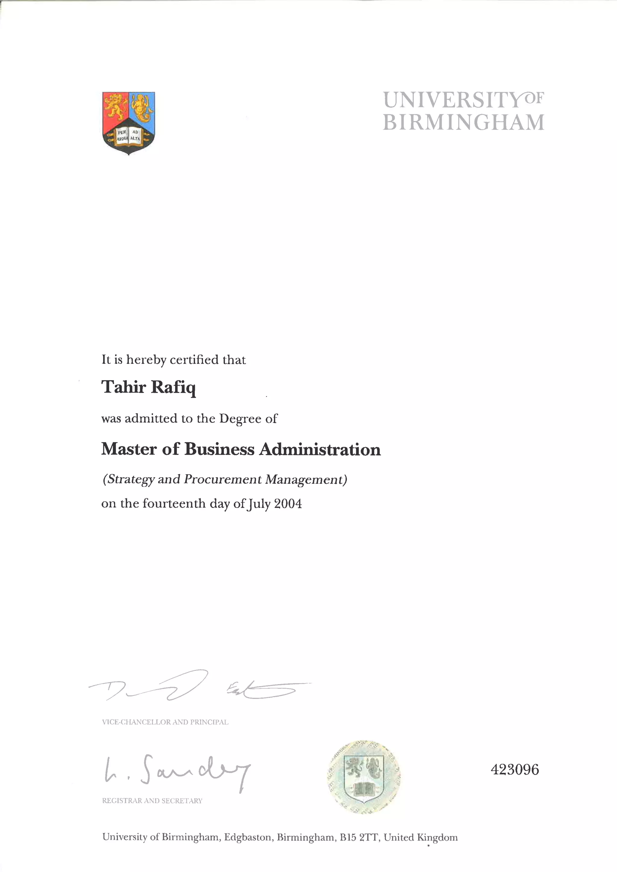 Certificate - Master of Business Administration (MBA) | PDF ...