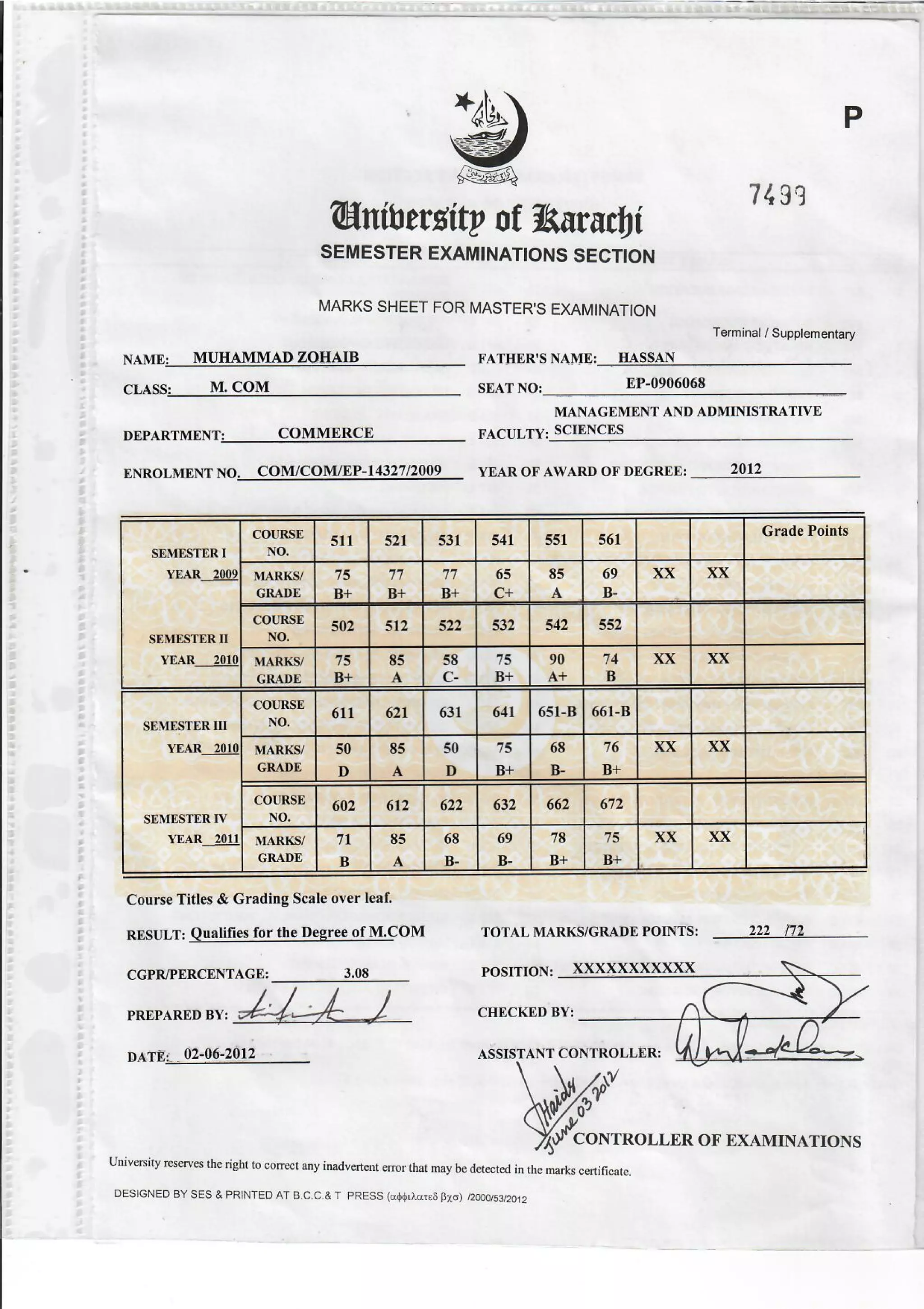 Mcom Marksheet | PDF