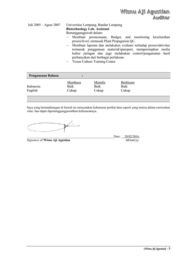 CV Wisnu Internal Auditor (Bahasa) | PDF