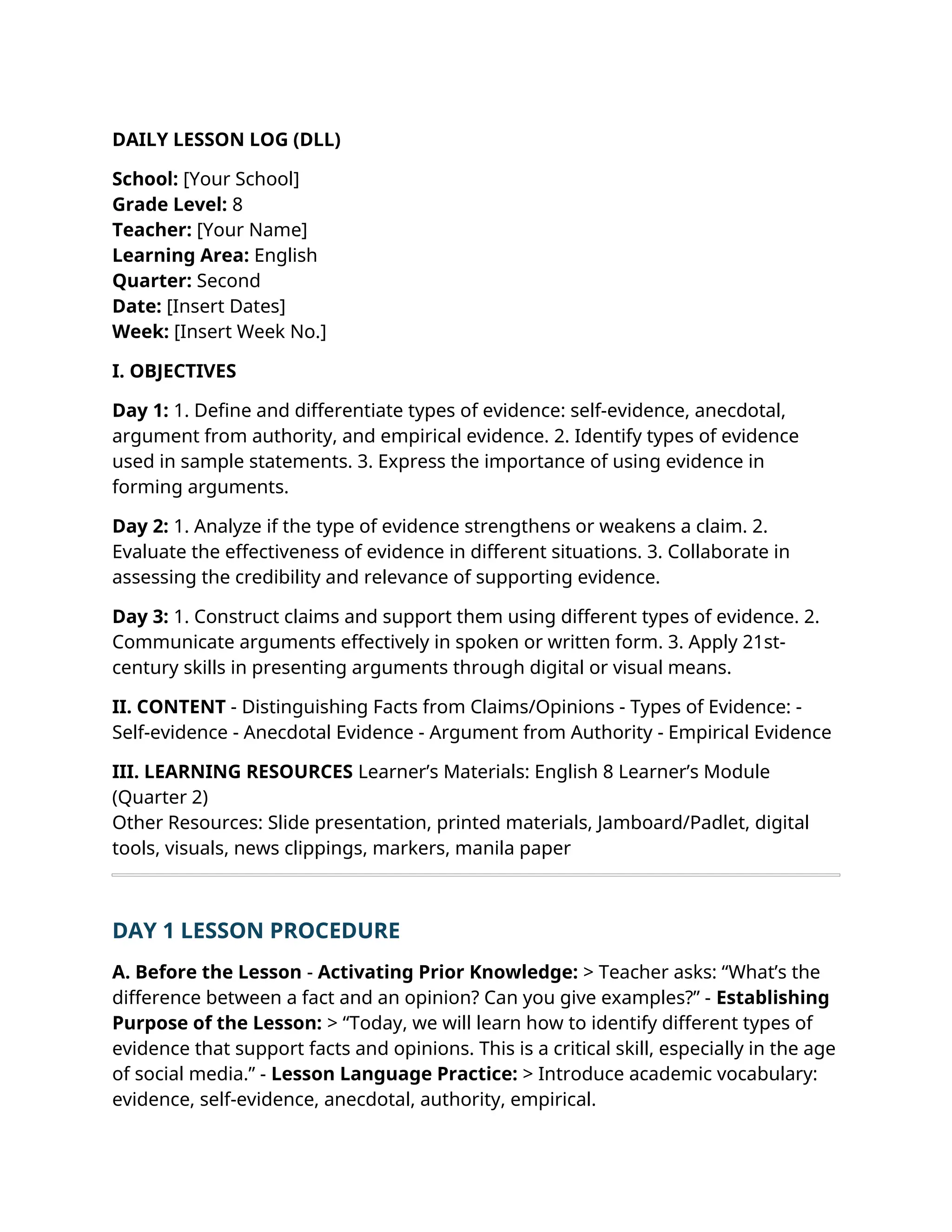 daily lesson log english 8 templates | DOCX
