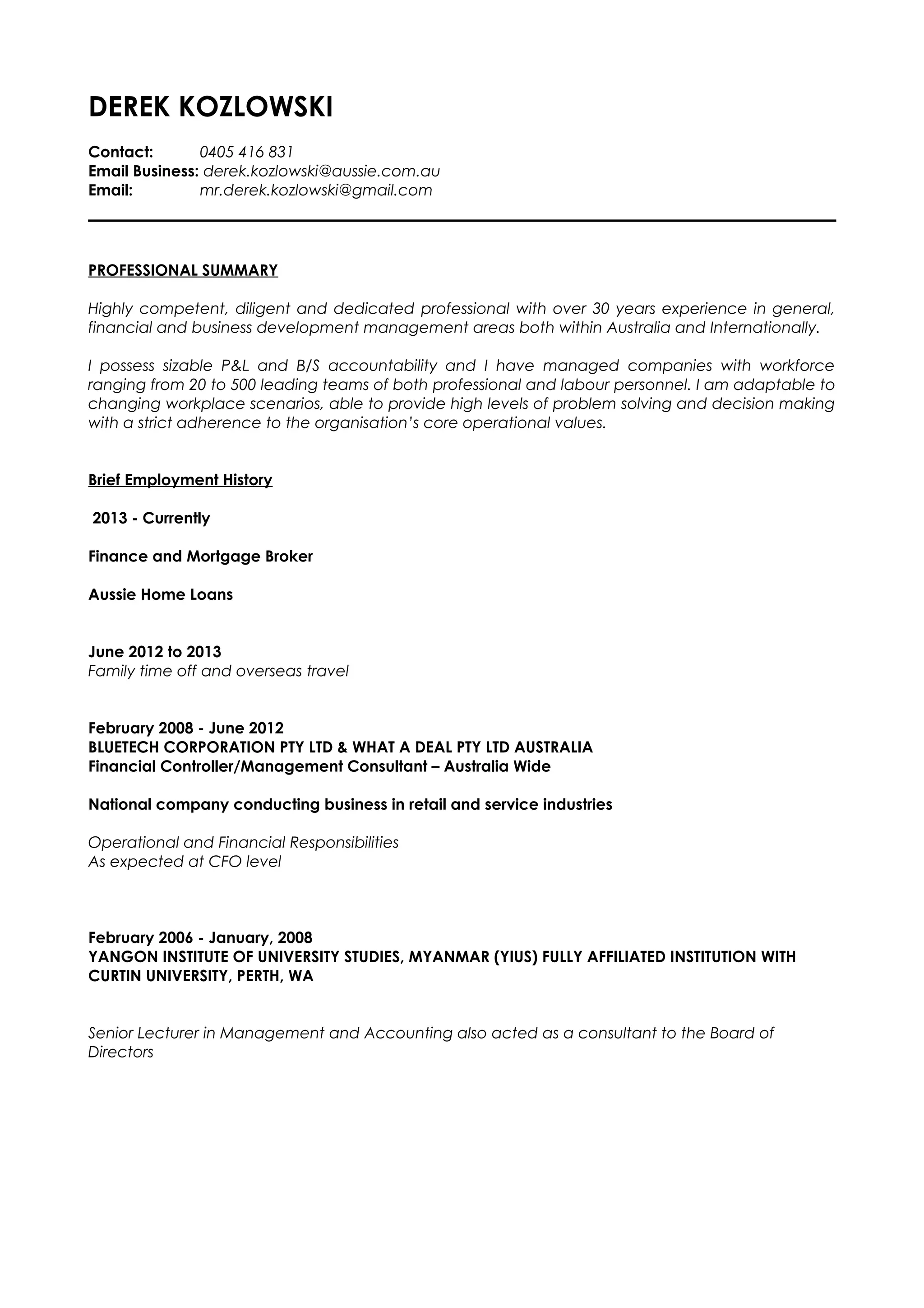 Resume Derek Kozlowski - Linked In | DOC