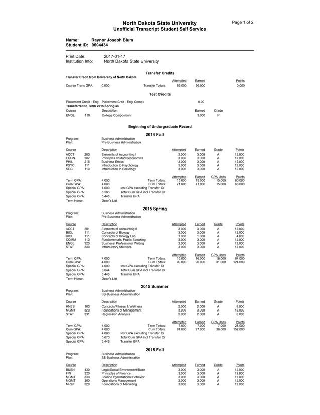 NDSU Transcript | PDF