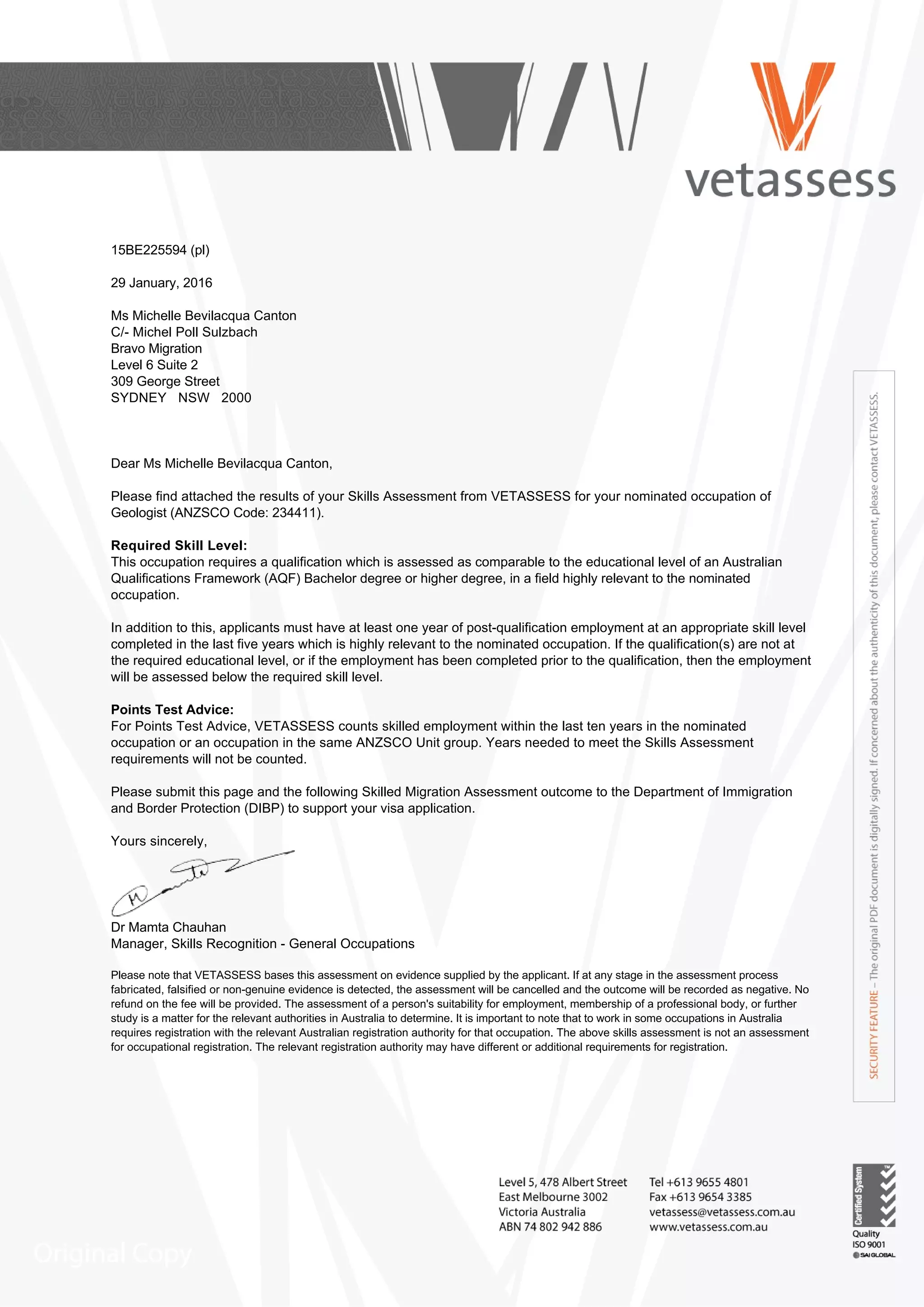 Vetassess Outcome Letter | PDF