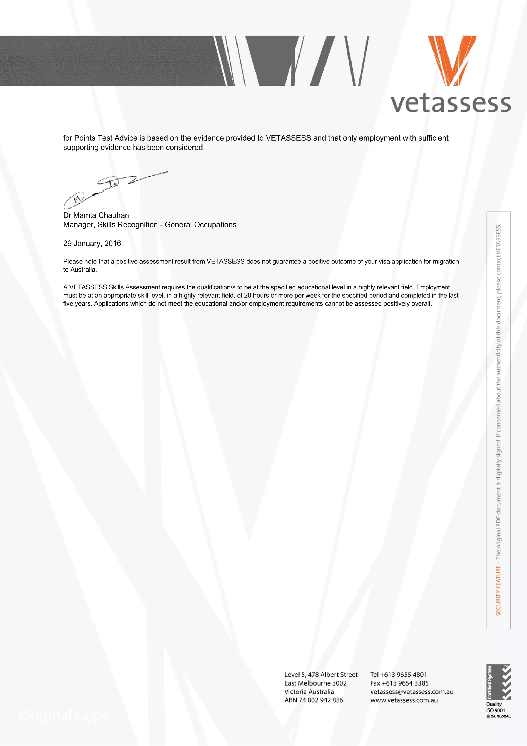 Vetassess Outcome Letter | PDF