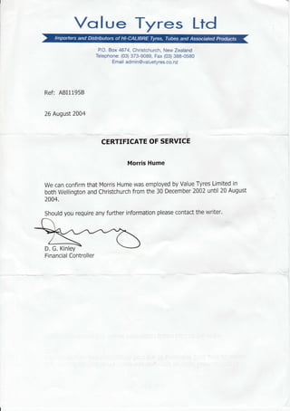 Value Tyres Certificate of Service 26 August 2004 | PDF