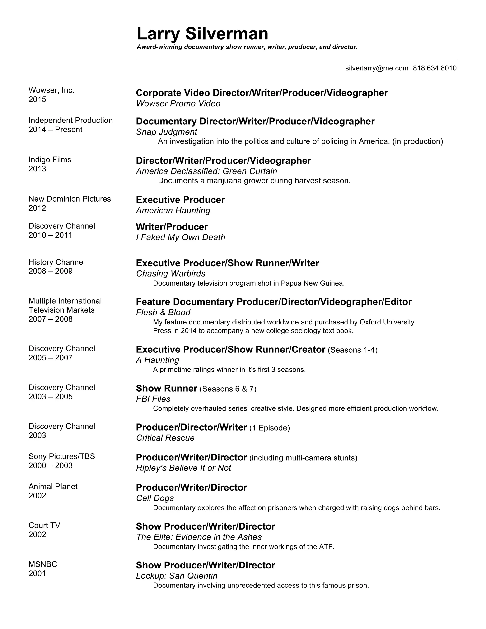 RESUME~Larry Silverman 3.22.15