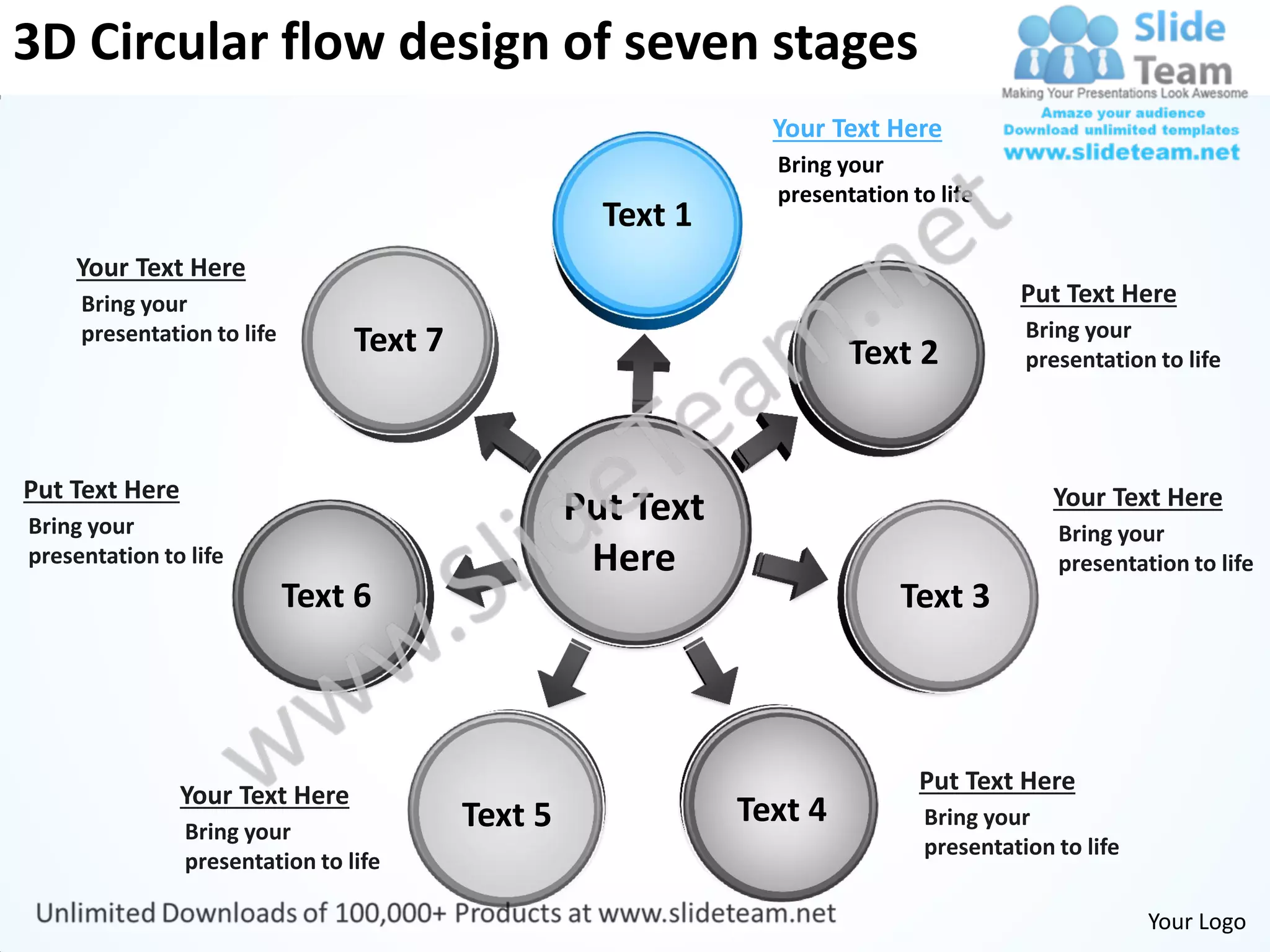 3d circular flow design of seven stages spoke diagram power point ...