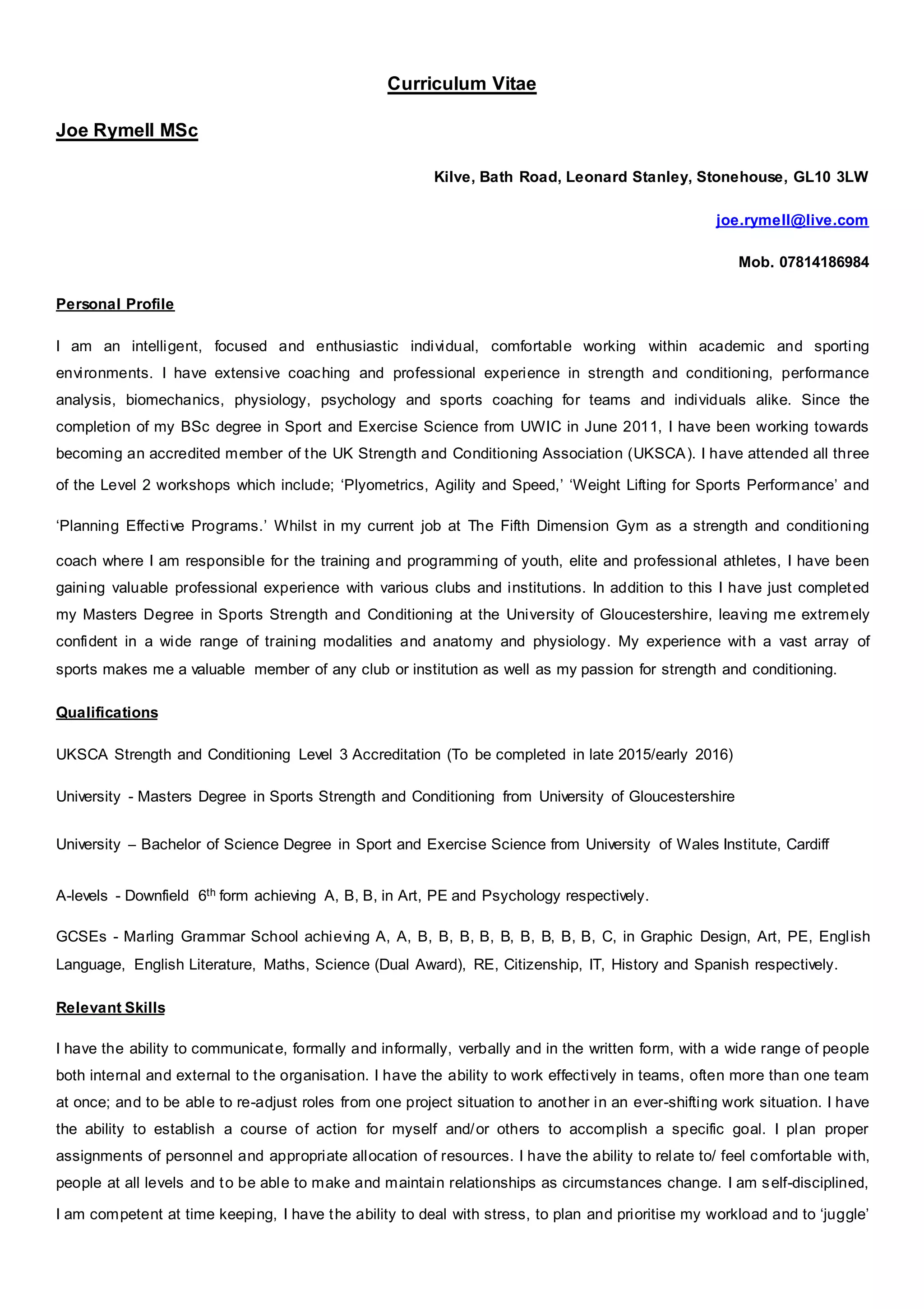 Joe Rymell, CV | PDF