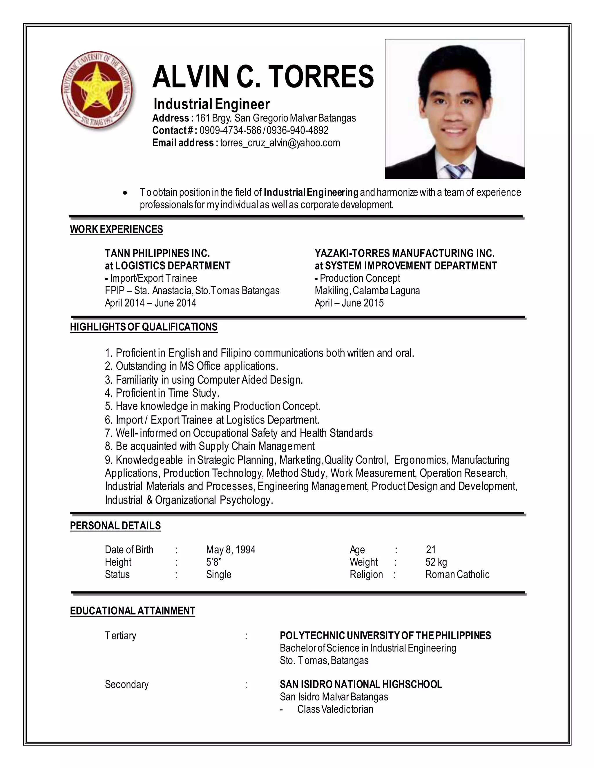 RESUME - ALVIN | DOCX | Mechanical and Industrial Engineering Industry | Industries