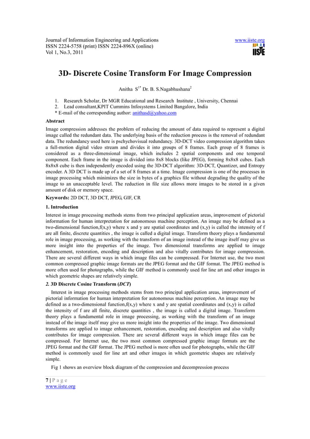 3 d discrete cosine transform for image compression | PDF