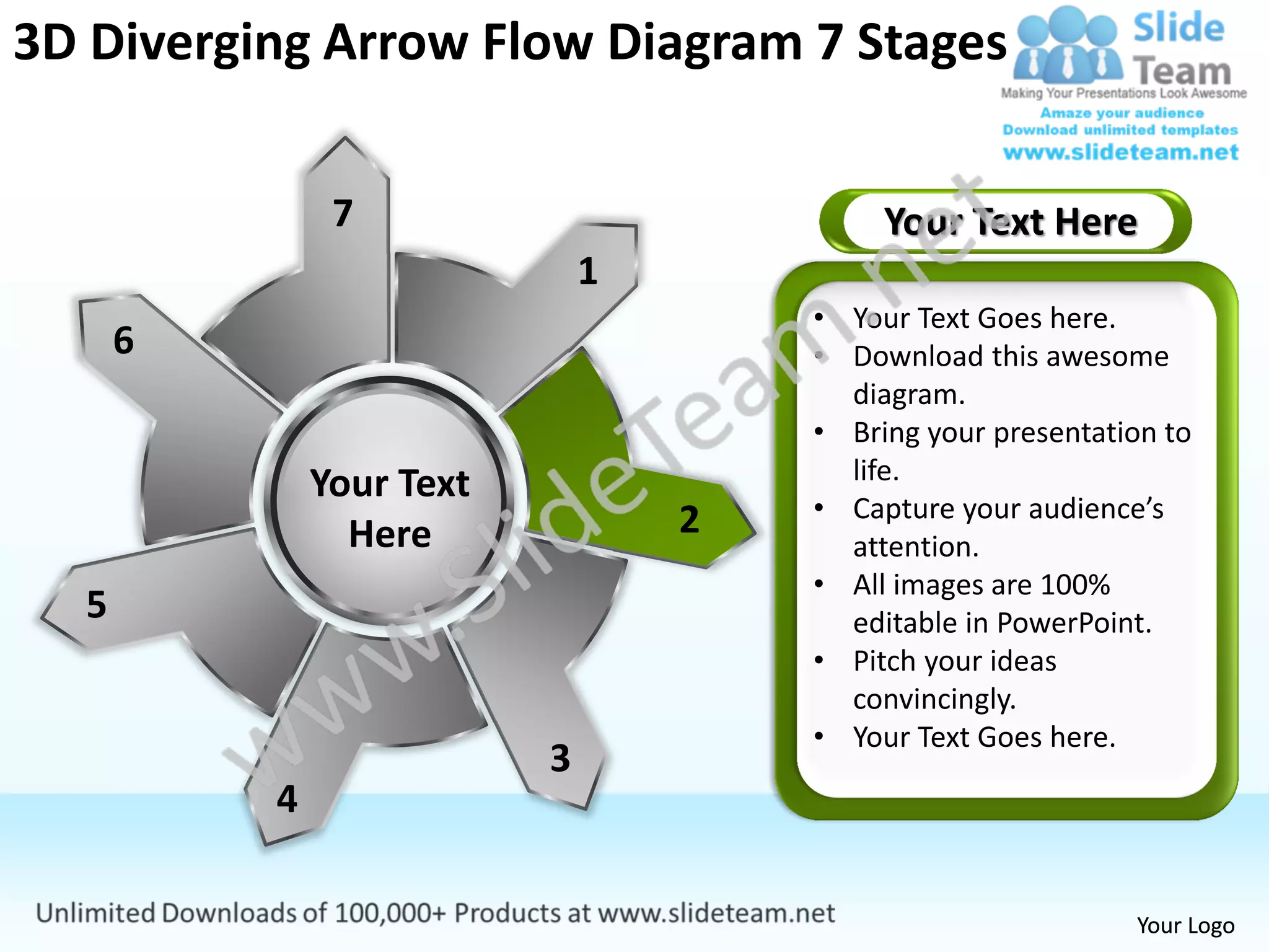 3d diverging arrow flow diagram 7 stages arrows process software power ...