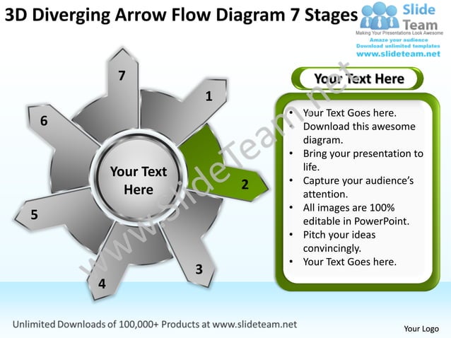 3d diverging arrow flow diagram 7 stages arrows process software power ...