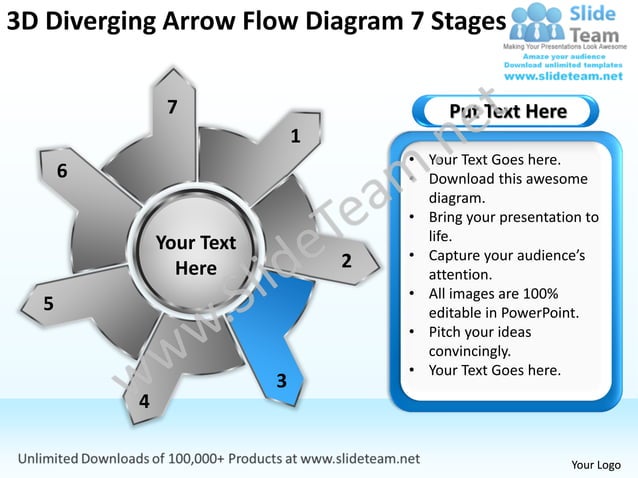 3d diverging arrow flow diagram 7 stages arrows process software power ...