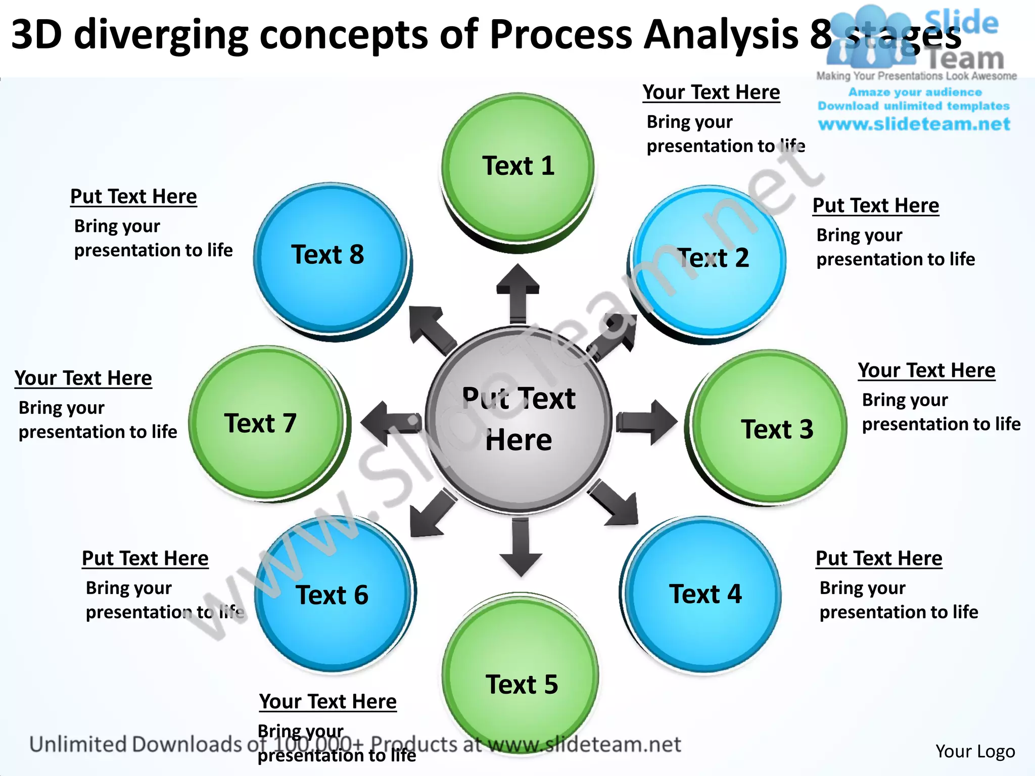 3d diverging concepts of process analysis 8 stages cycle flow network power point slides | PPT