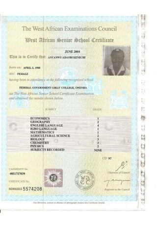 Anyanwu Adaobi WAEC Certificate | PDF