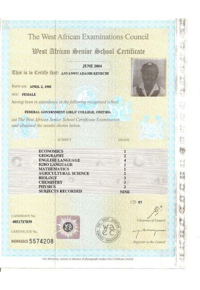 Anyanwu Adaobi WAEC Certificate | PDF