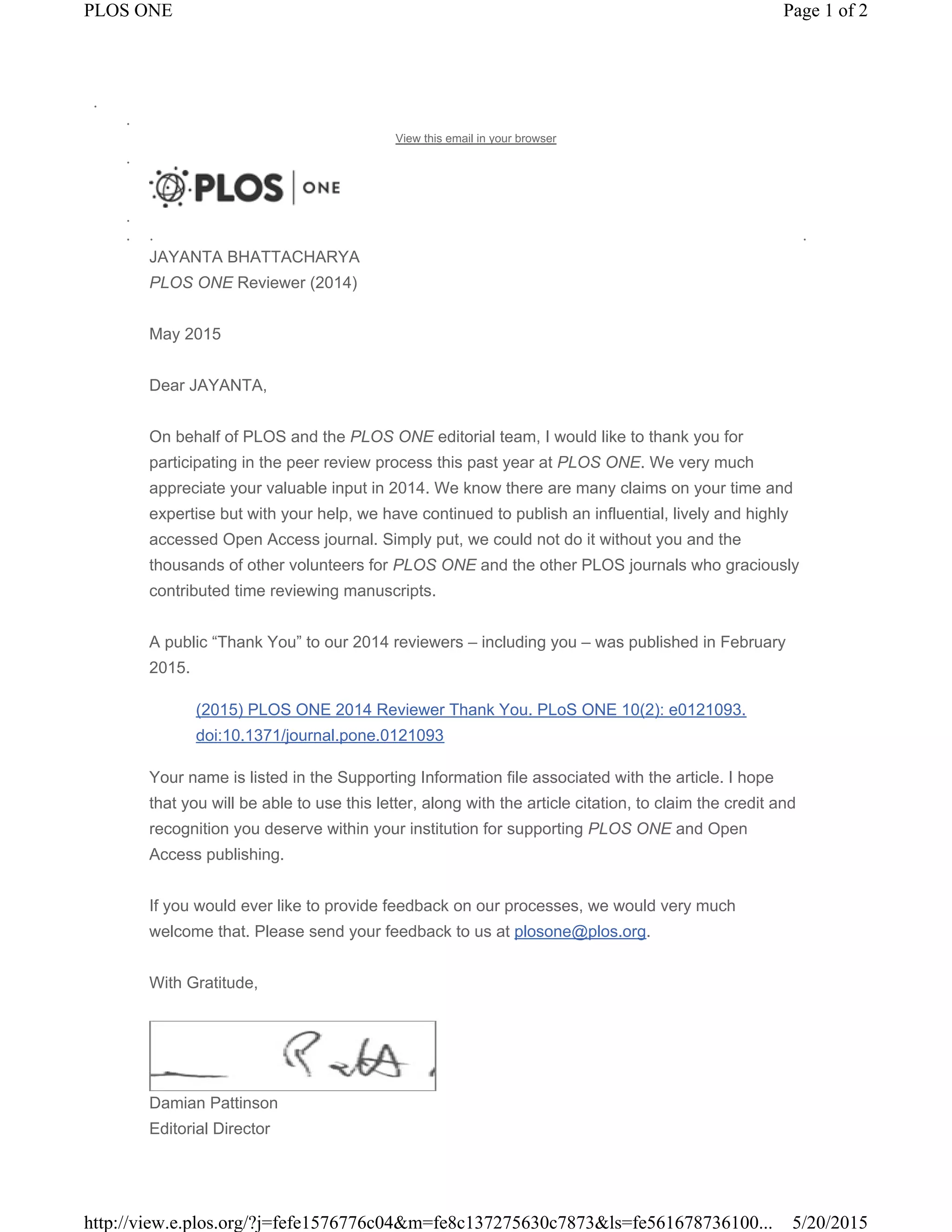 PLoS One Thank You Letter | PDF