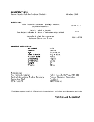 RESUME TRINSALAZAR | PDF | Business | Business and Finance