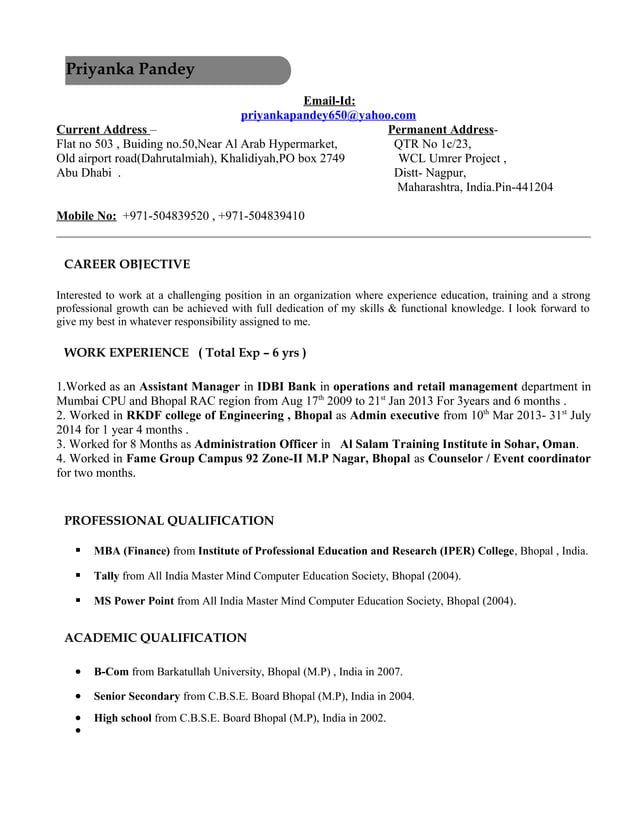 CV of Priyanka Pandey (20.12.2016) | DOC | Business Administration | Business