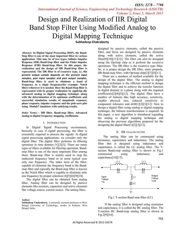 Design And Realization Of Iir Digital Band Stop Filter Using Modified Analog To Digital Mapping