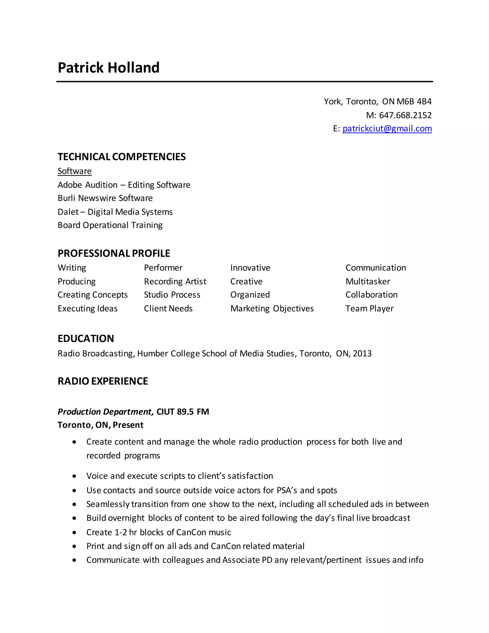 Radio Resume 2016 | DOCX