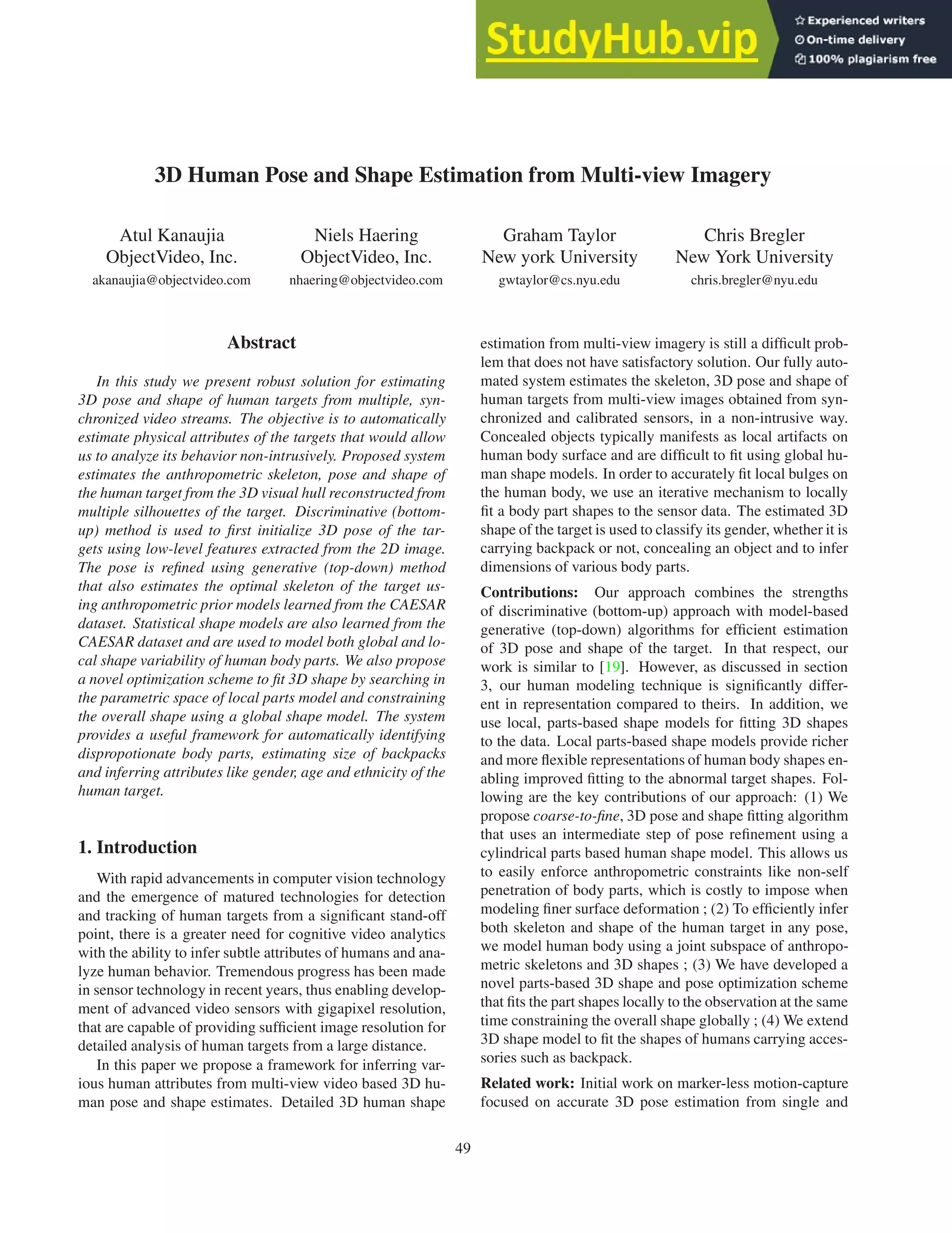 3d Human Pose And Shape Estimation From Multi View Imagery Pdf