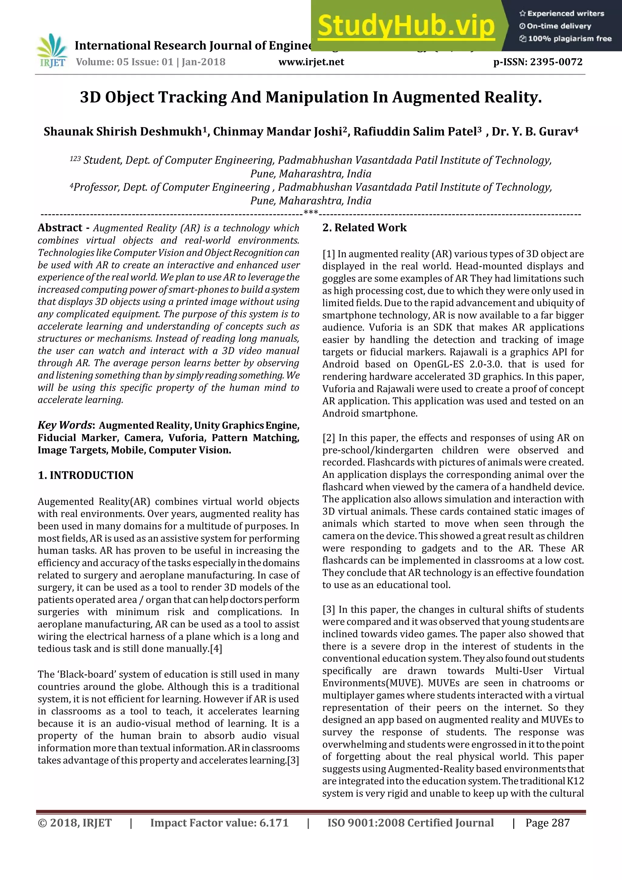 3D Object Tracking And Manipulation In Augmented Reality | PDF