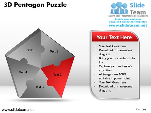 3d pentagon puzzle process powerpoint slides. | PPT