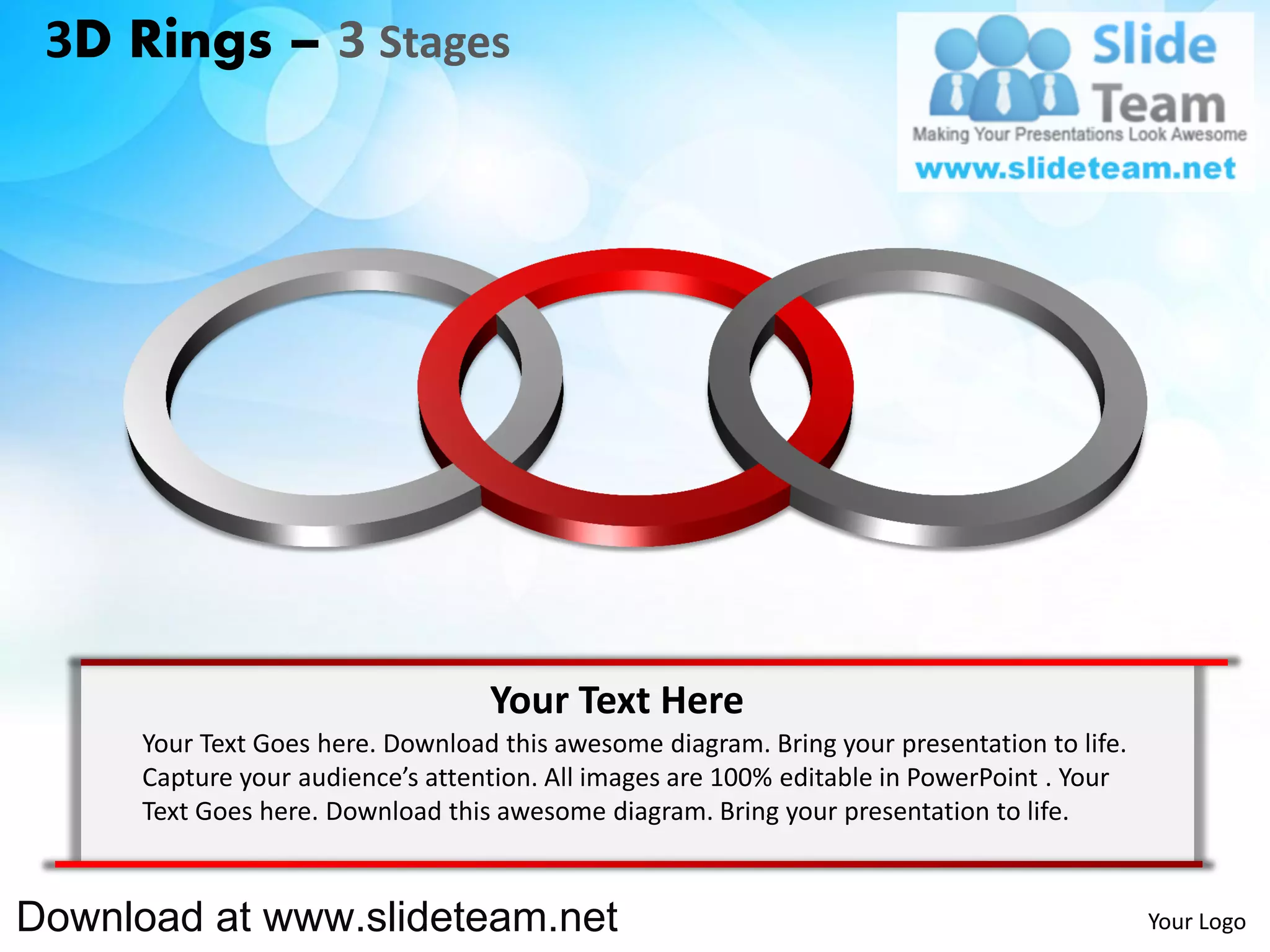 3 d pieces of rings circles connected interconnected linked 3 stages powerpoint diagrams and ...