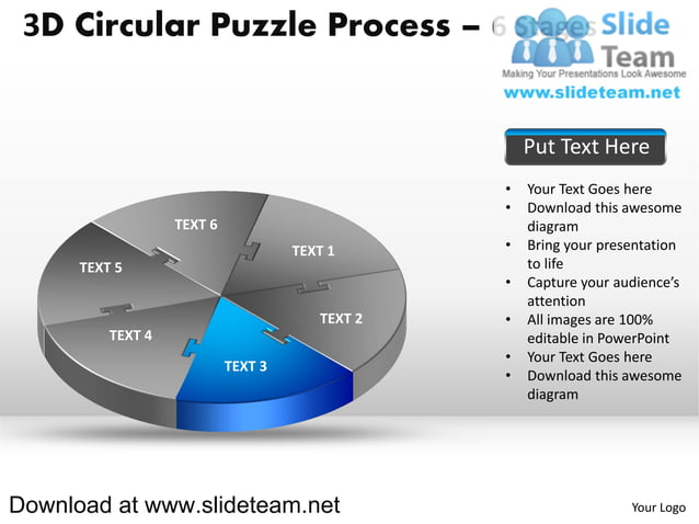 3 d pie chart circular puzzle with hole in center process 6 stages style 1 powerpoint diagrams ...