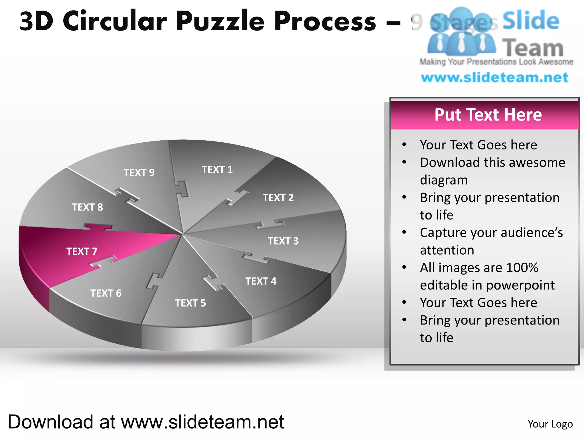 3 d pie chart circular puzzle with hole in center process 9 stages ...