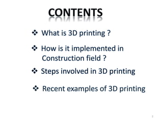 3D printing and its application in construction field | PPTX
