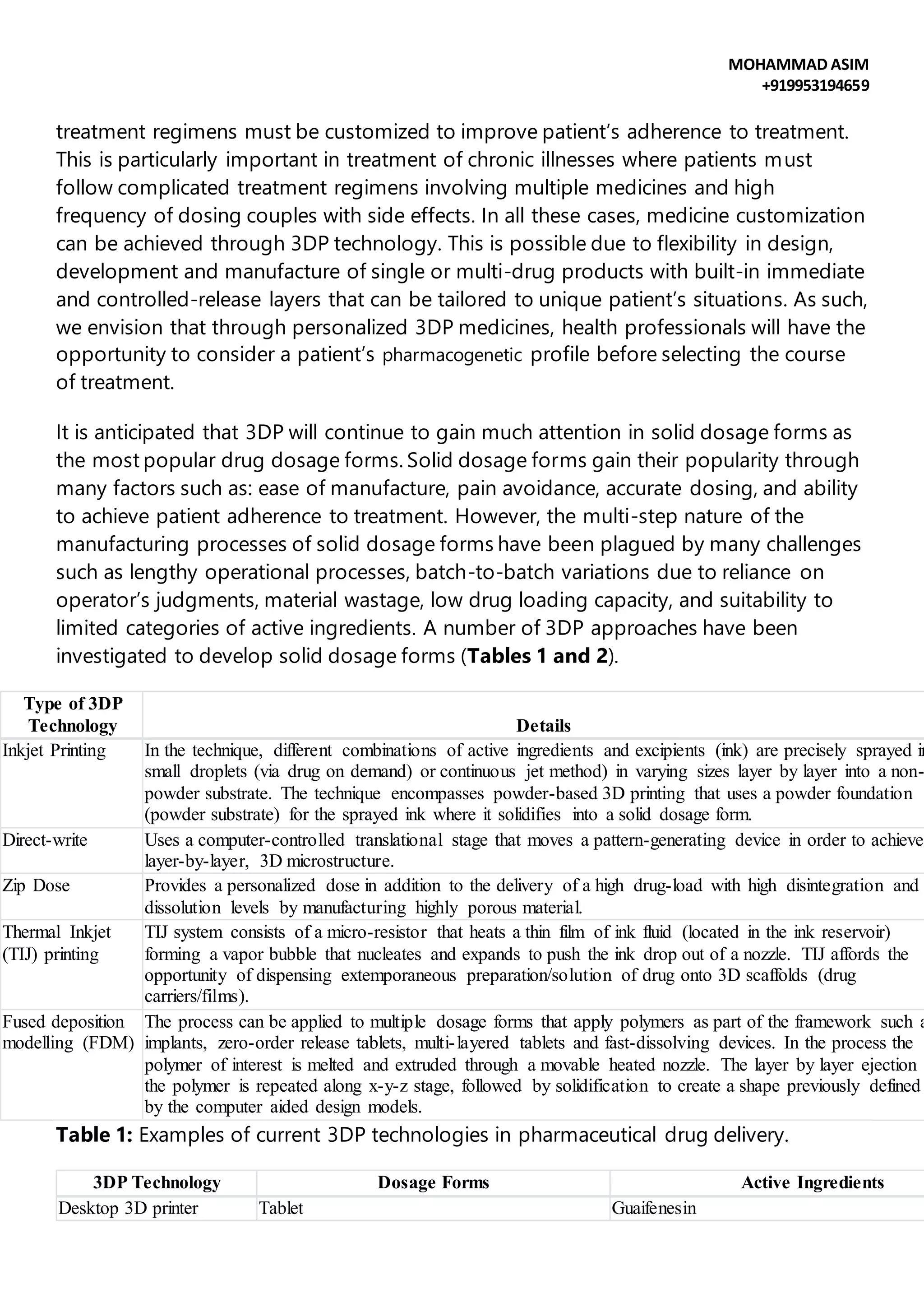 3 D printing technology in pharmaceutical drug delivery system | DOCX