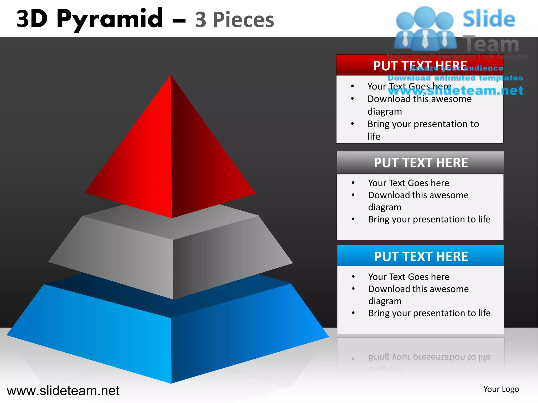 3d pyramid stacked shapes chart 3 pieces powerpoint ppt slides. | PDF