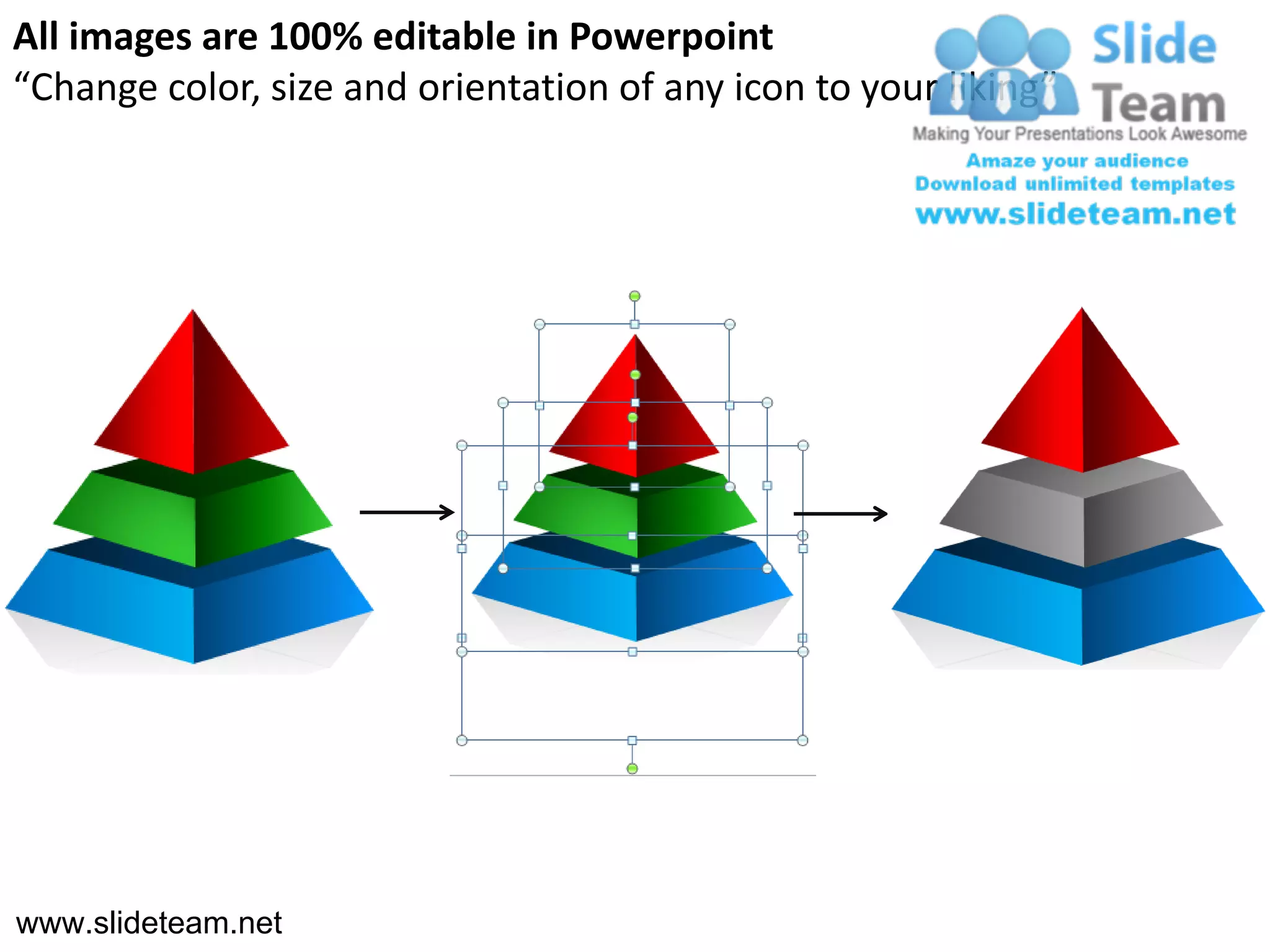 3d pyramid stacked shapes chart 3 pieces powerpoint ppt templates. | PDF