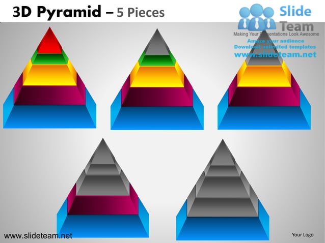 3d pyramid stacked shapes chart 5 pieces powerpoint ppt templates. | PDF