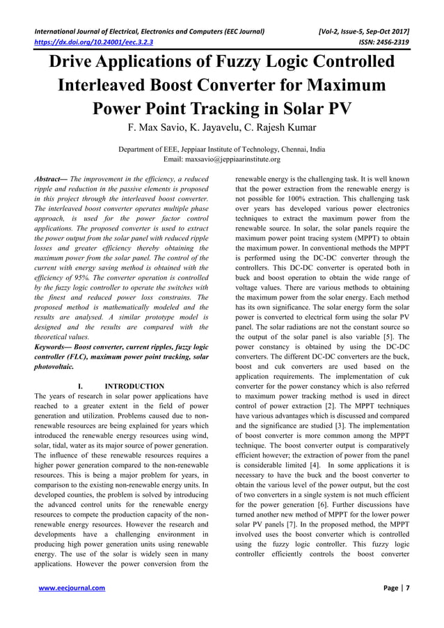 Drive Applications of Fuzzy Logic Controlled Interleaved Boost Converter for Maximum Power Point ...
