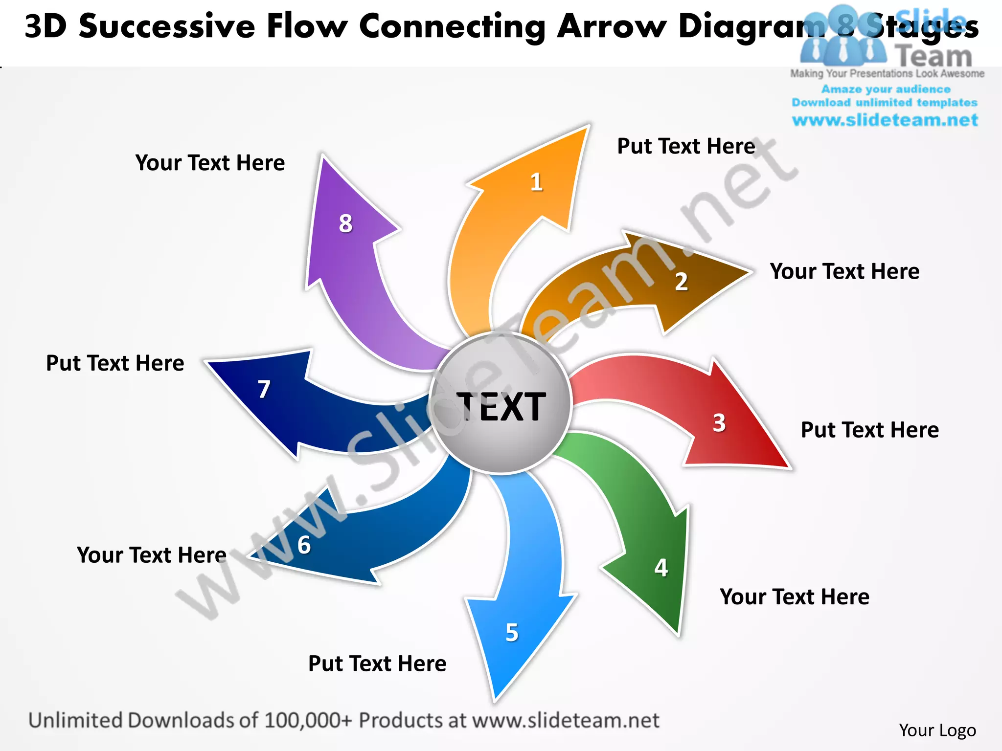 3d successive flow connecting arrow diagram 8 stages circular chart ...
