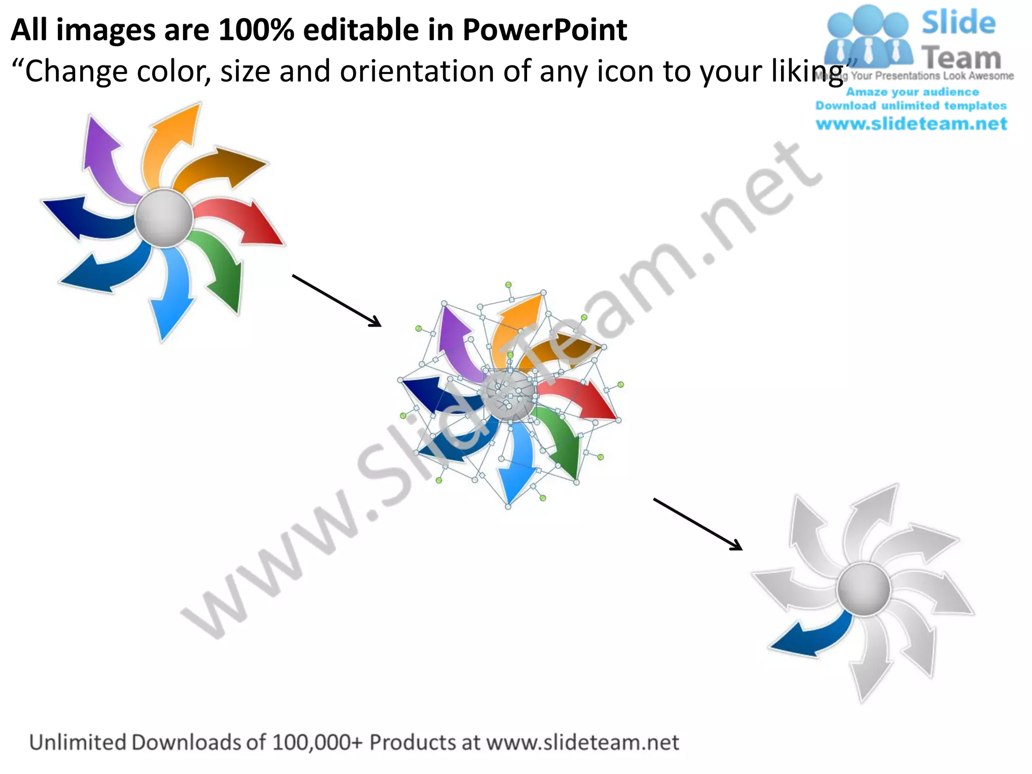 3d successive flow connecting arrow diagram 8 stages circular chart ...