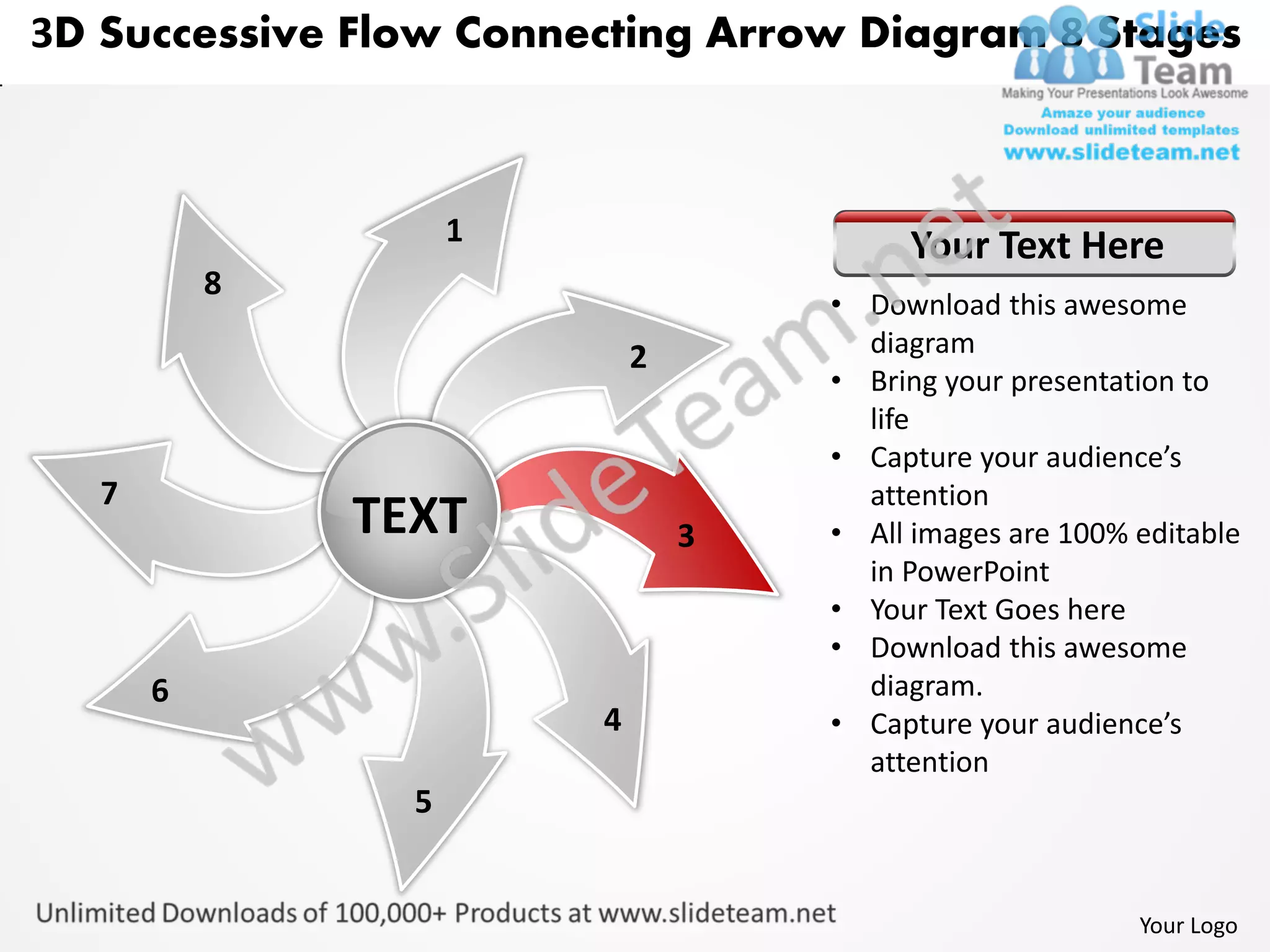 3d successive flow connecting arrow diagram 8 stages circular chart ...