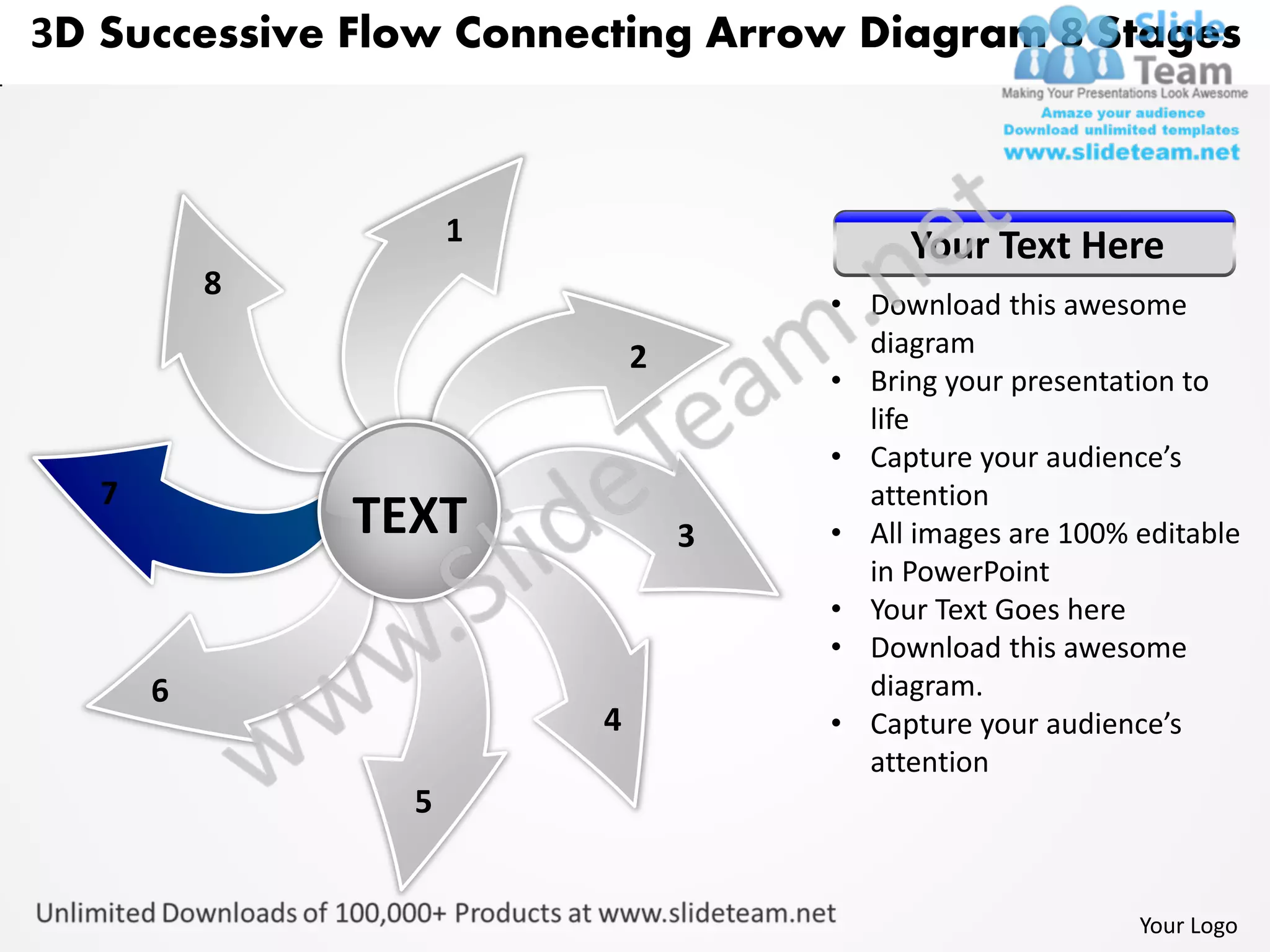 3d successive flow connecting arrow diagram 8 stages circular chart ...