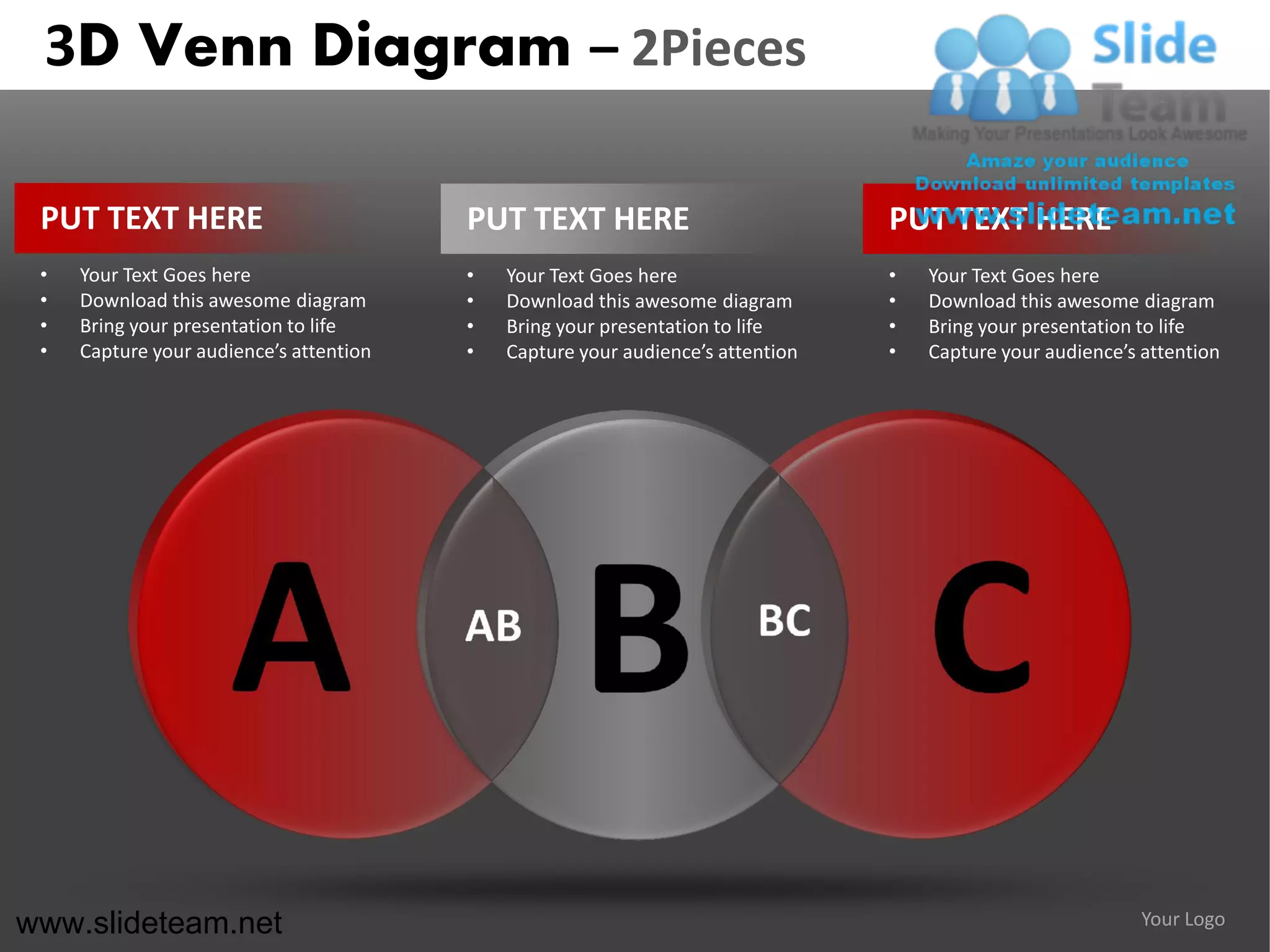 3d venn diagram 2 and 3 pieces powerpoint ppt slides. | PDF
