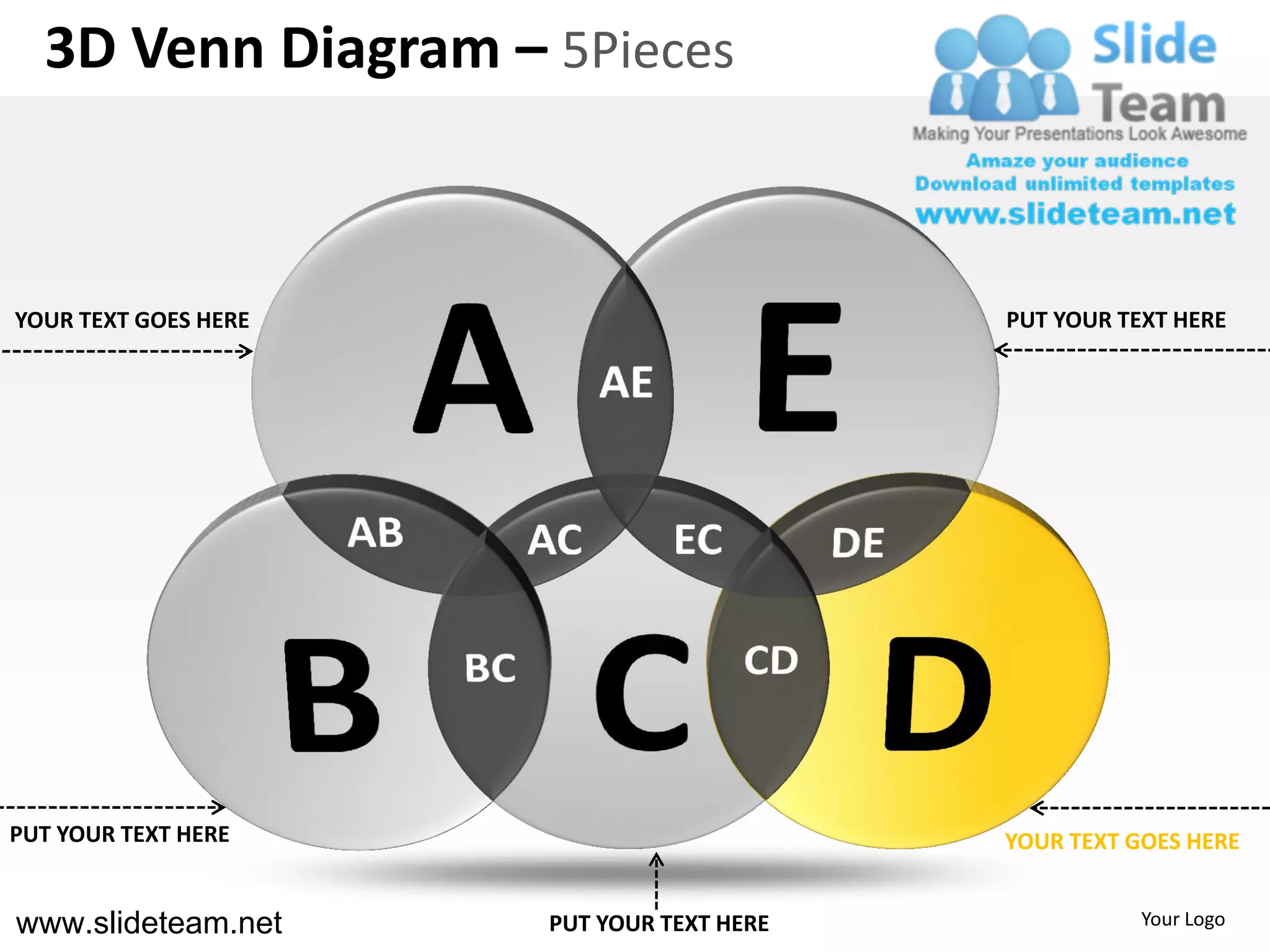 3d venn diagram 5 pieces powerpoint ppt templates. | PPT