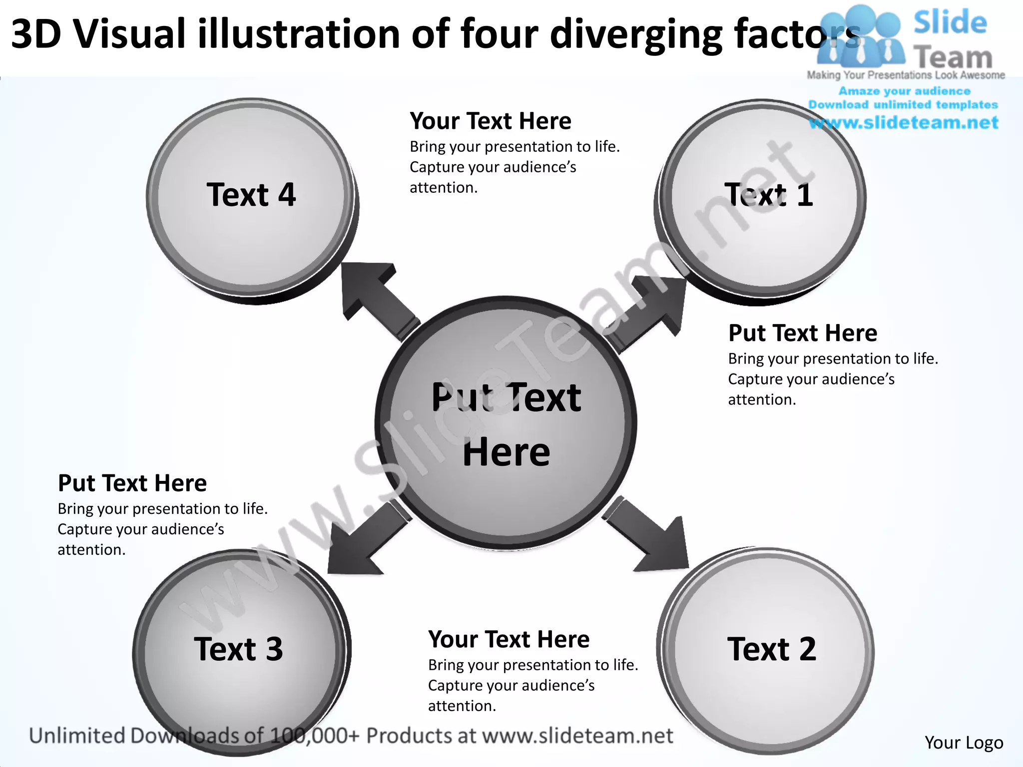 3d visual illustration of four diverging factors circular network ppt ...